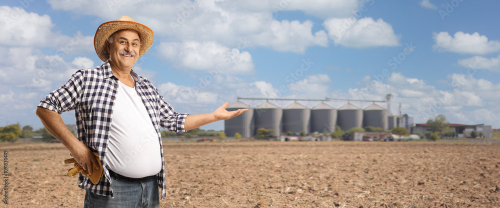 Smiling mature farmer pointing at agricultural silos on a field Stock ...