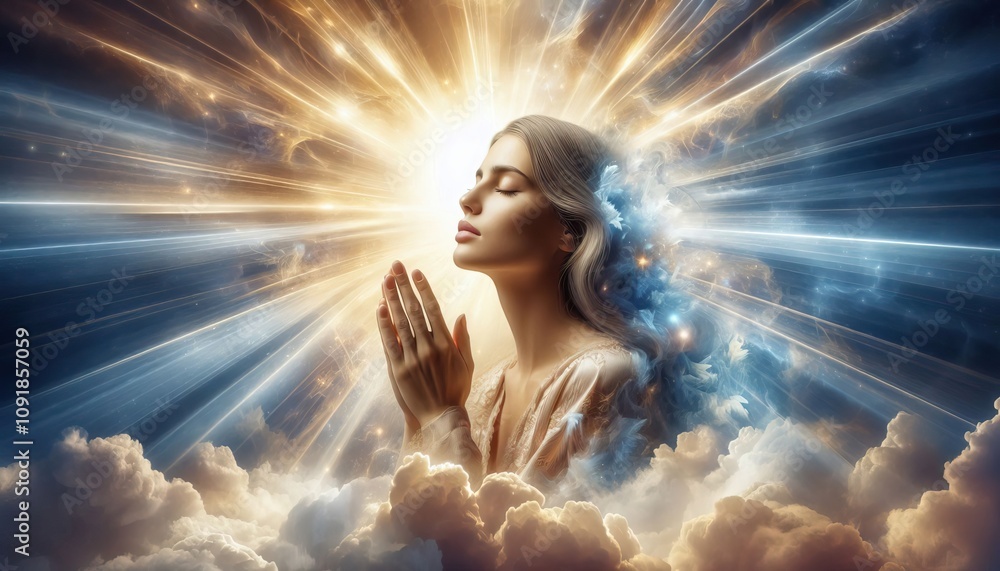 Celestial Christian Background of a Woman with Hands Together Praying ...
