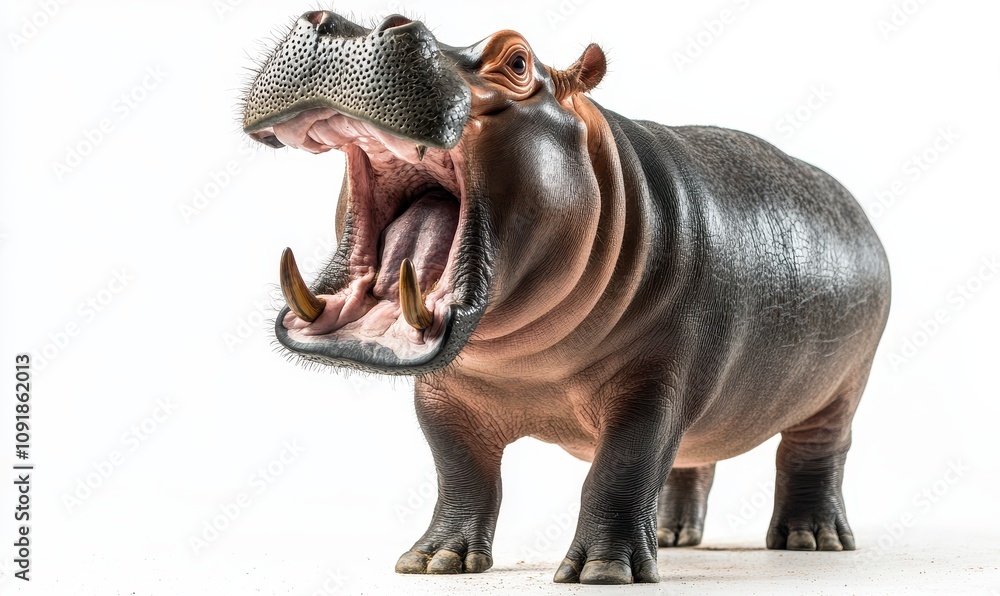 Common hippopotamus standing and opening mouth wide, hippopotamus ...