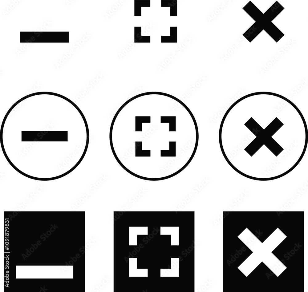 Minimize, maximize, and close button icon vector. Elements of mobile app window.Multi web ...