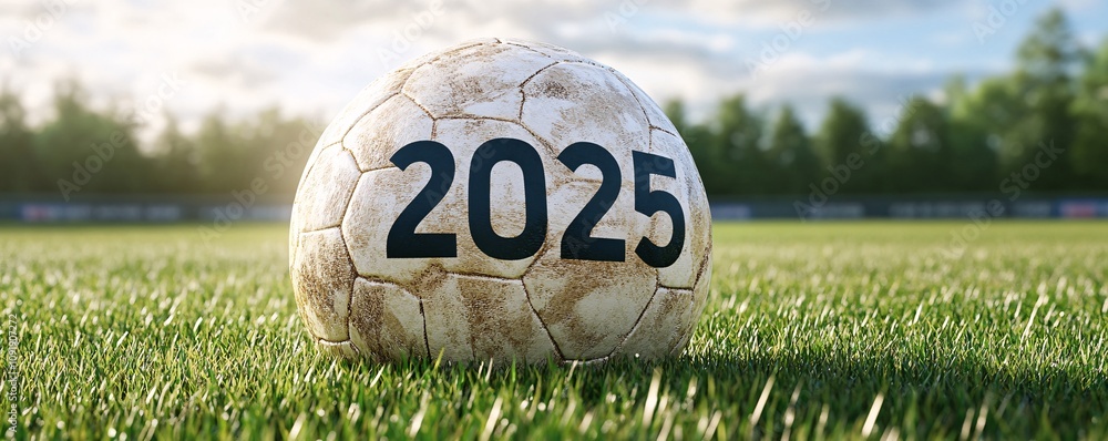 Football is ready for the new season in 2025, lying on lush green grass ...