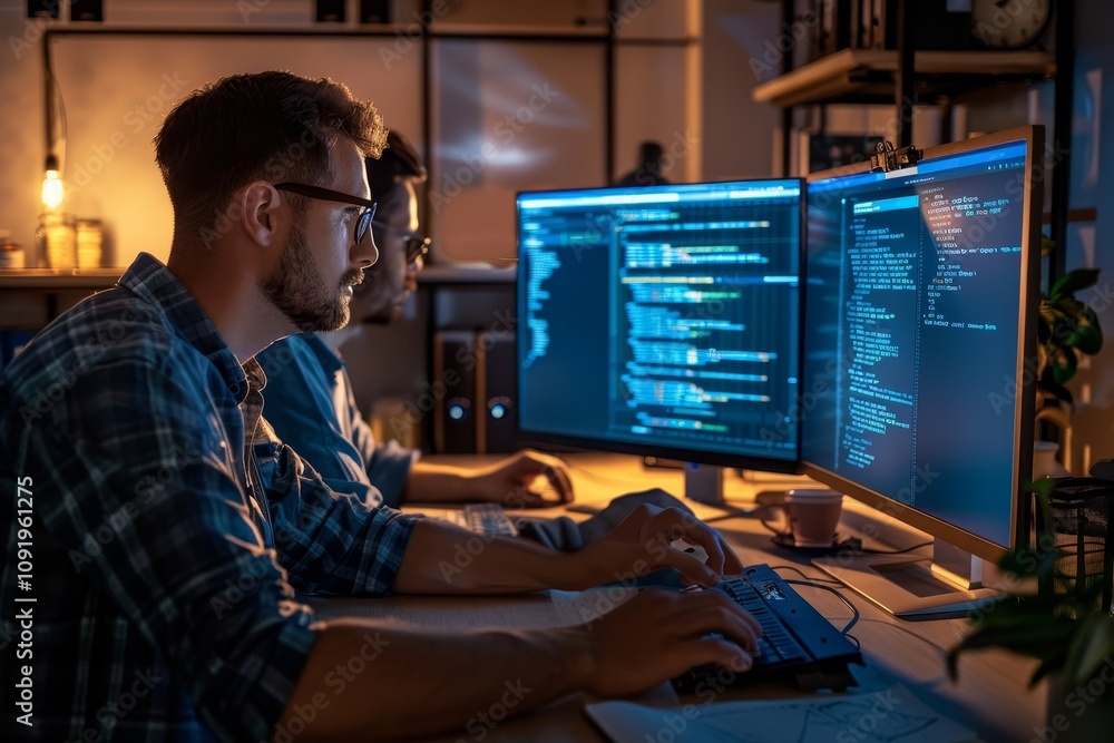 Two software developers work closely in a dimly lit office, focusing intently on lines of code ...
