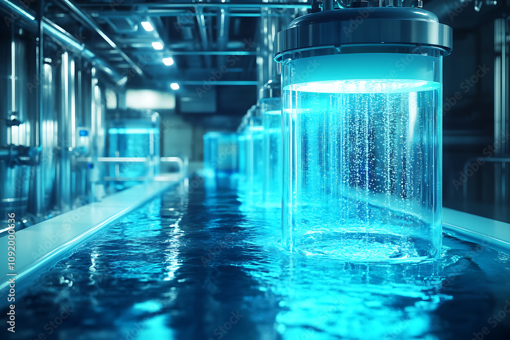 A futuristic water purification system with glowing blue filters and ...