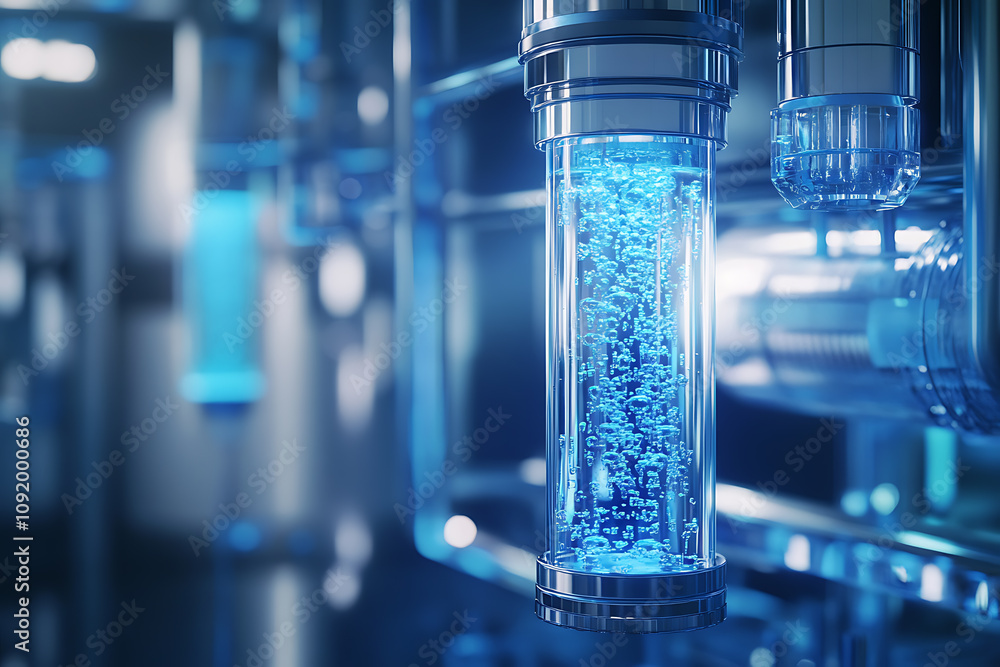 A futuristic water purification system with glowing blue filters and ...