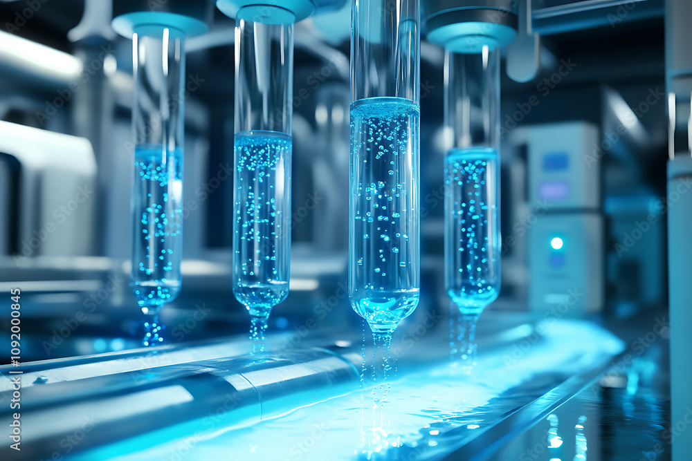 A futuristic water purification system with glowing blue filters and ...