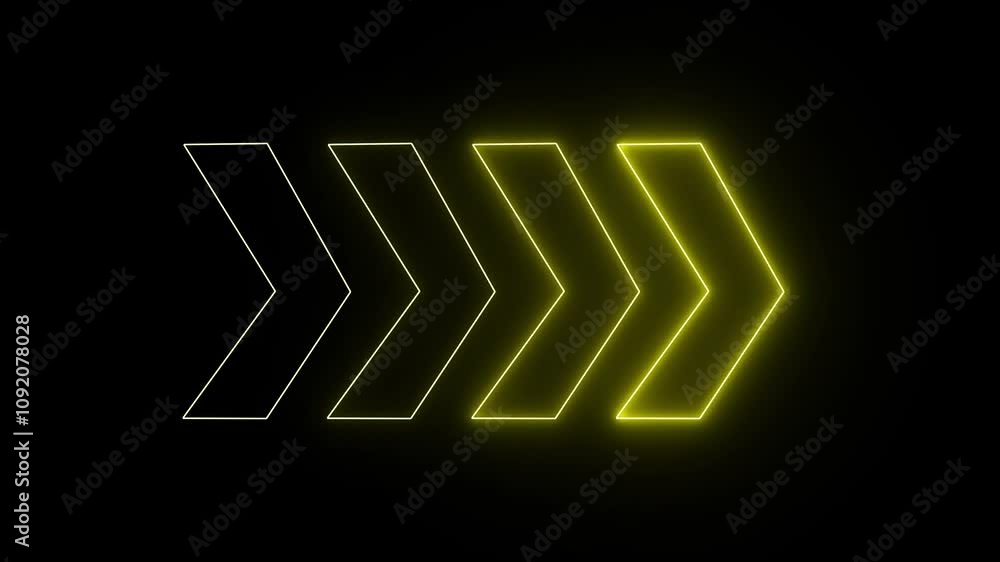 Right arrow for road direction. Glowing yellow neon light animated ...