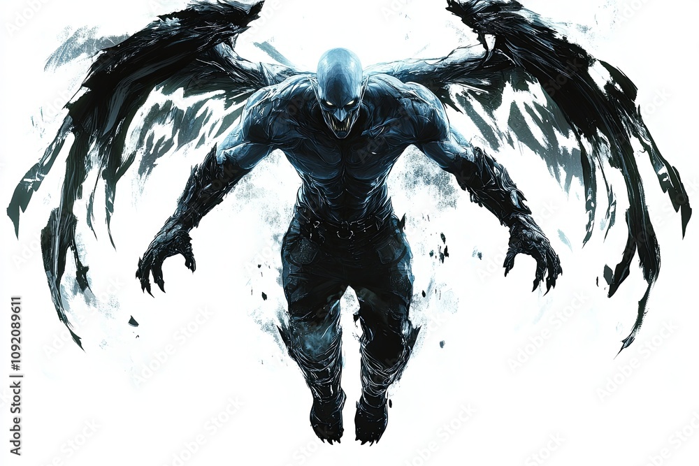 A powerful, winged, demonic figure with sharp claws and a menacing ...
