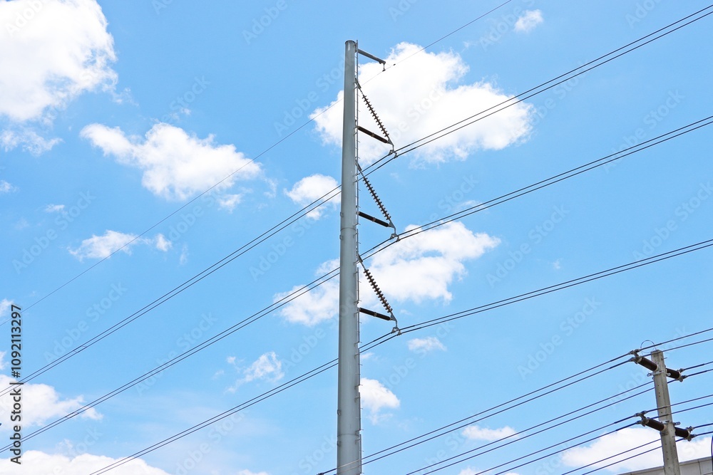 High voltage 3 phase overhead power lines on steel utility pole Stock ...