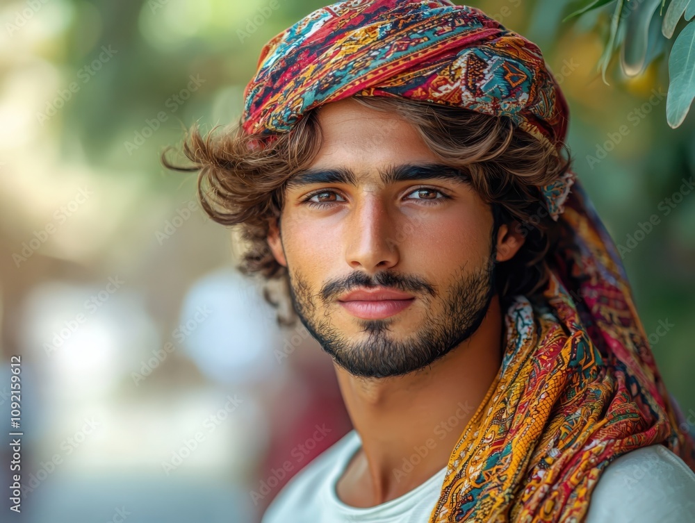 Reflective young arab man in traditional attire outdoor setting ...