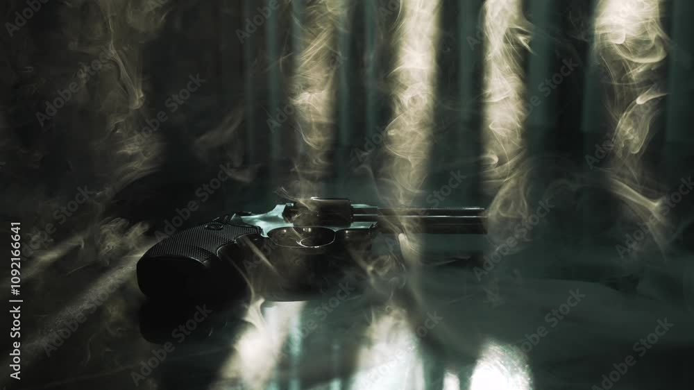 Close up man hand throws a revolver gun on the table. Backlight by ...