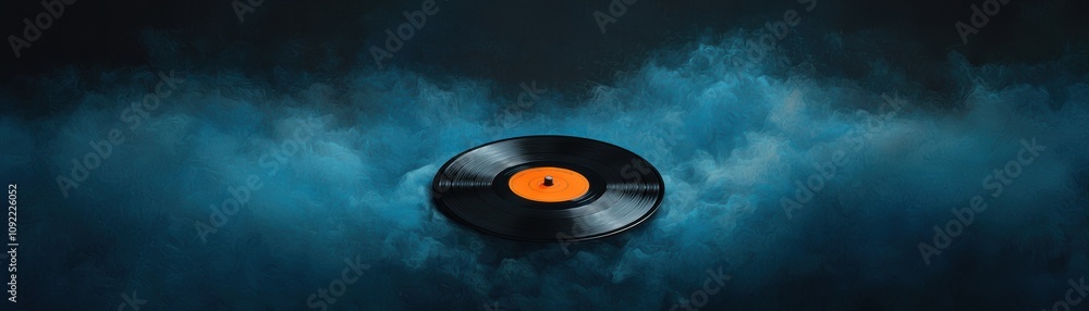 Vinyl record spinning amidst blue smoke, capturing a retro vibe and ...