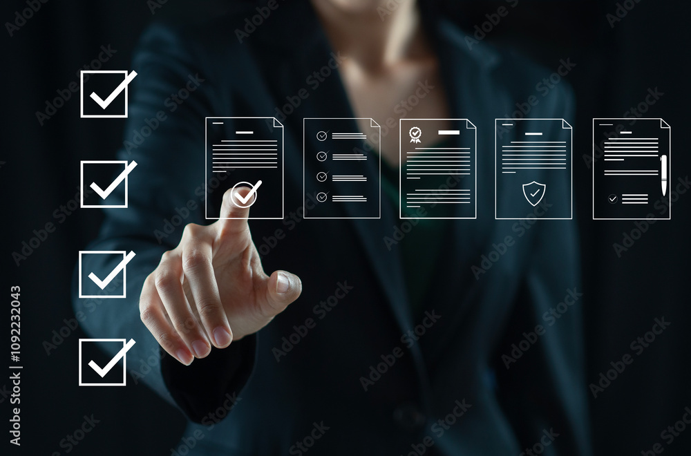 Businessman marking items in digital checklist. Quality assurance and ...