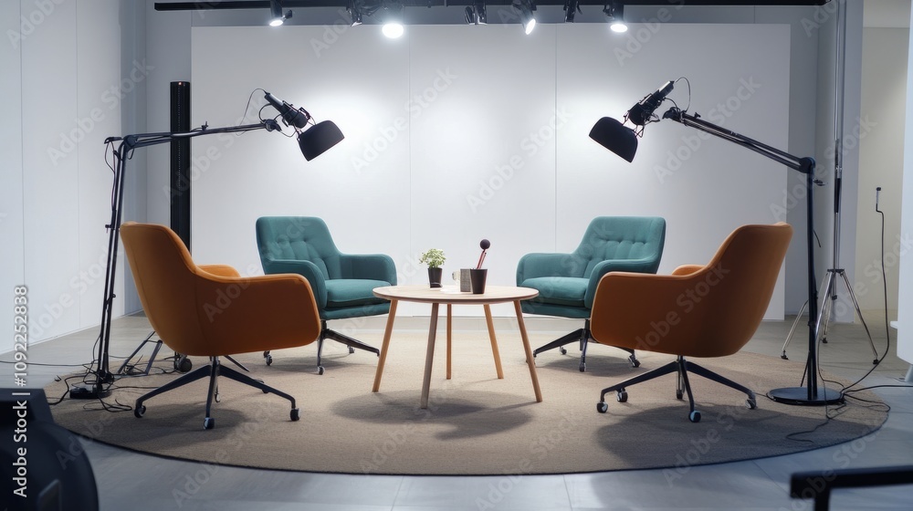 Modern studio for group interviews featuring four comfortable chairs, a ...