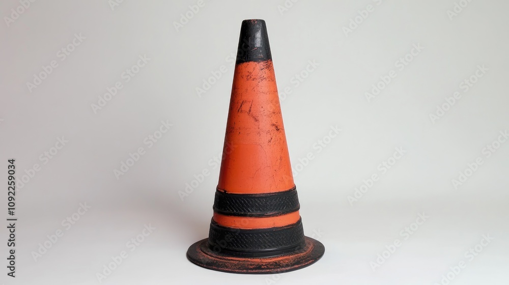 Bright orange traffic cone with black bands showing slight wear ...