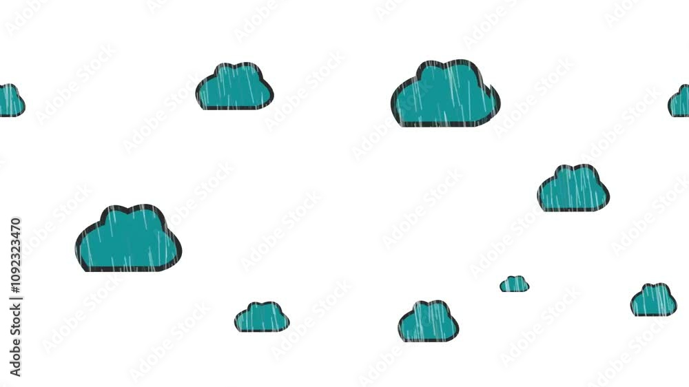 4k animated on cloud cartoon background with rain fall. cartoon clouds ...