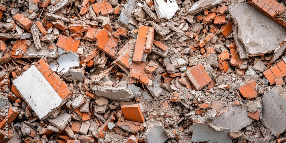 Debris of scrap and smashed bricks from a building collapse, showcasing ...