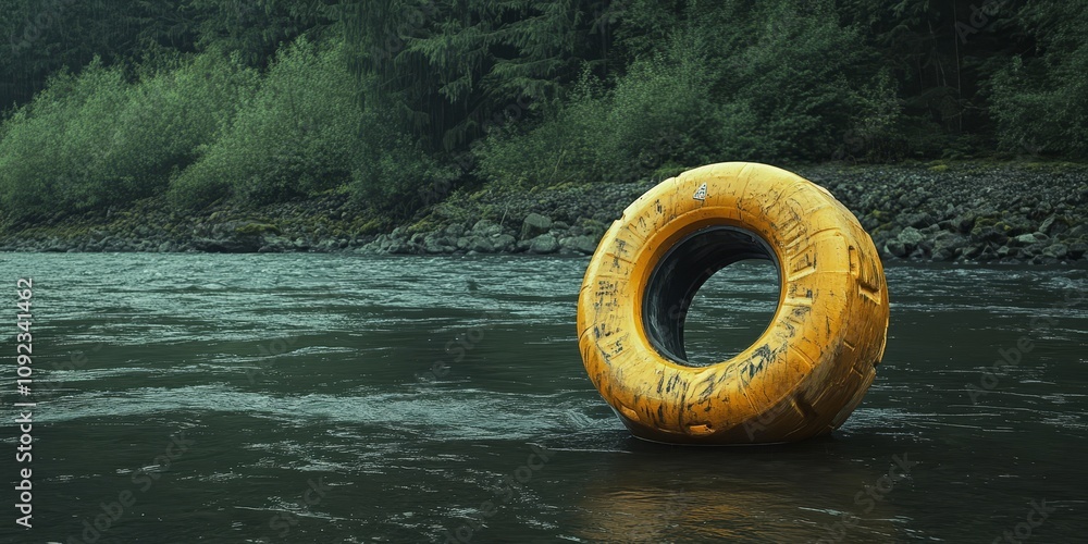 Old rubber wheel repurposed as a floating buoy in a river ...