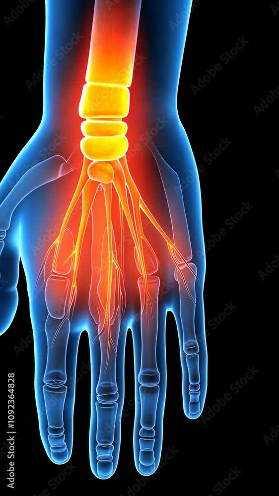 The illustration shows a detailed view of a human hand, with its ...
