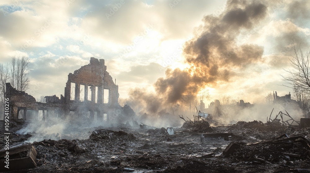 Smoke billows from the remnants of obliterated structures as the sun ...