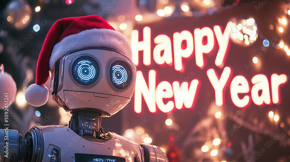 Artificial intelligence robot wearing a Christmas hat wishes a Happy ...