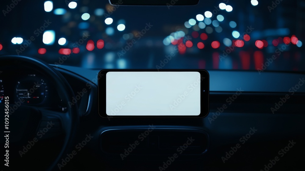 Smartphone with white screen on car dashboard, mockup for traffic or ...