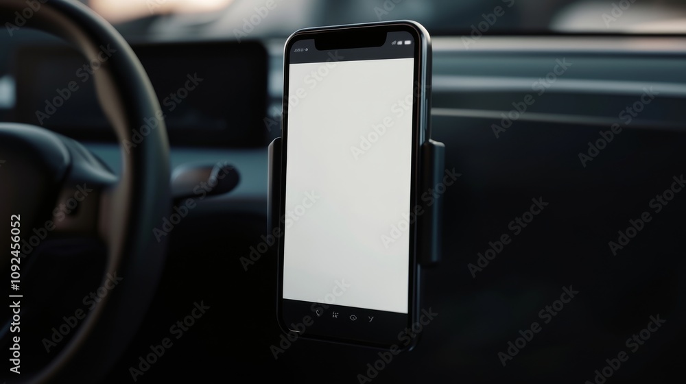 Smartphone with white screen on car dashboard, mockup for traffic or ...
