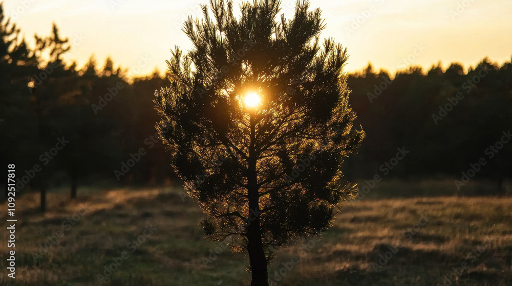A tree with a sun shining through its leaves. The sun is in the middle ...