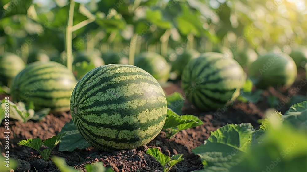 Watermelons growing in the field, The watermelon is green with dark ...