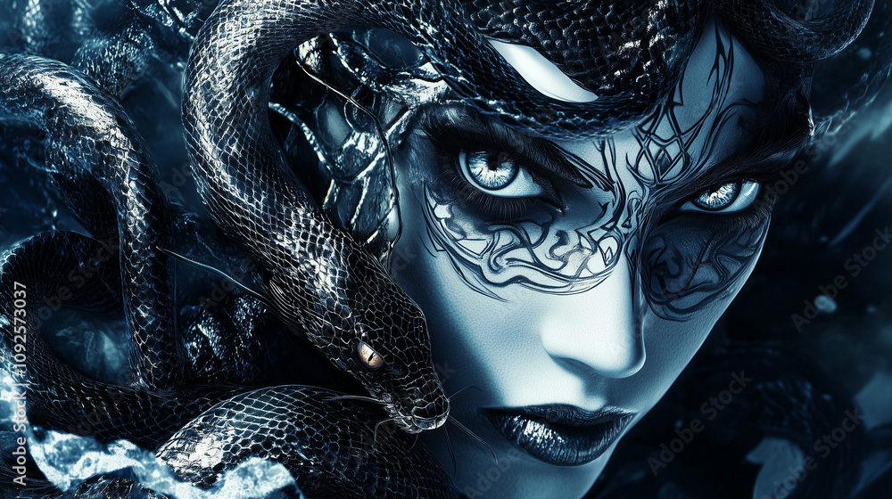 A mysterious figure with serpentine patterns etched into her skin ...