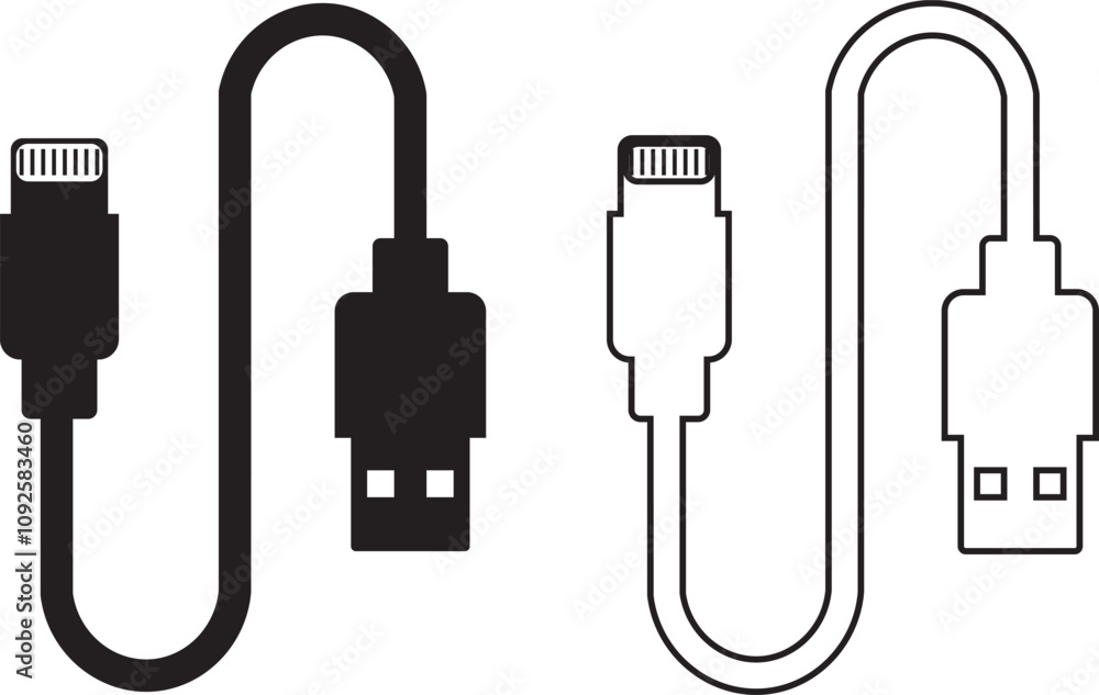 USB cable port icon set. USB type C A lightning and micro usb mobile ...