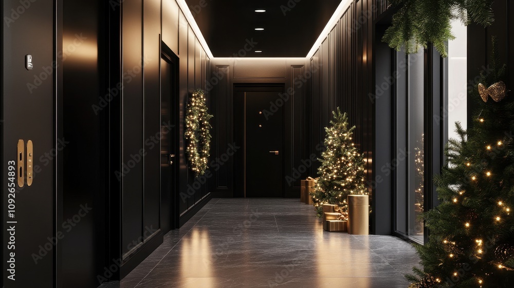 Modern Elevator doors of office or hotel hallway,holiday season decor ...