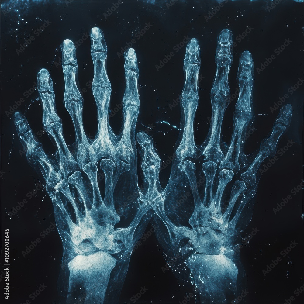 Detailed X-ray image of human hands showing bone structure and joints ...