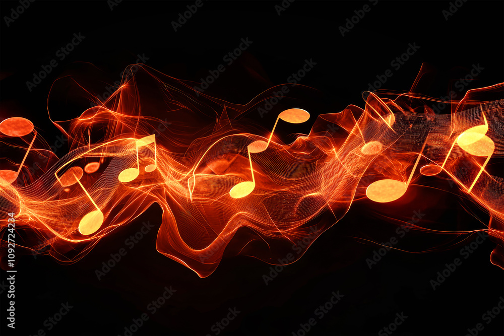 Vibrant orange music notes and waves illuminate a dark background ...