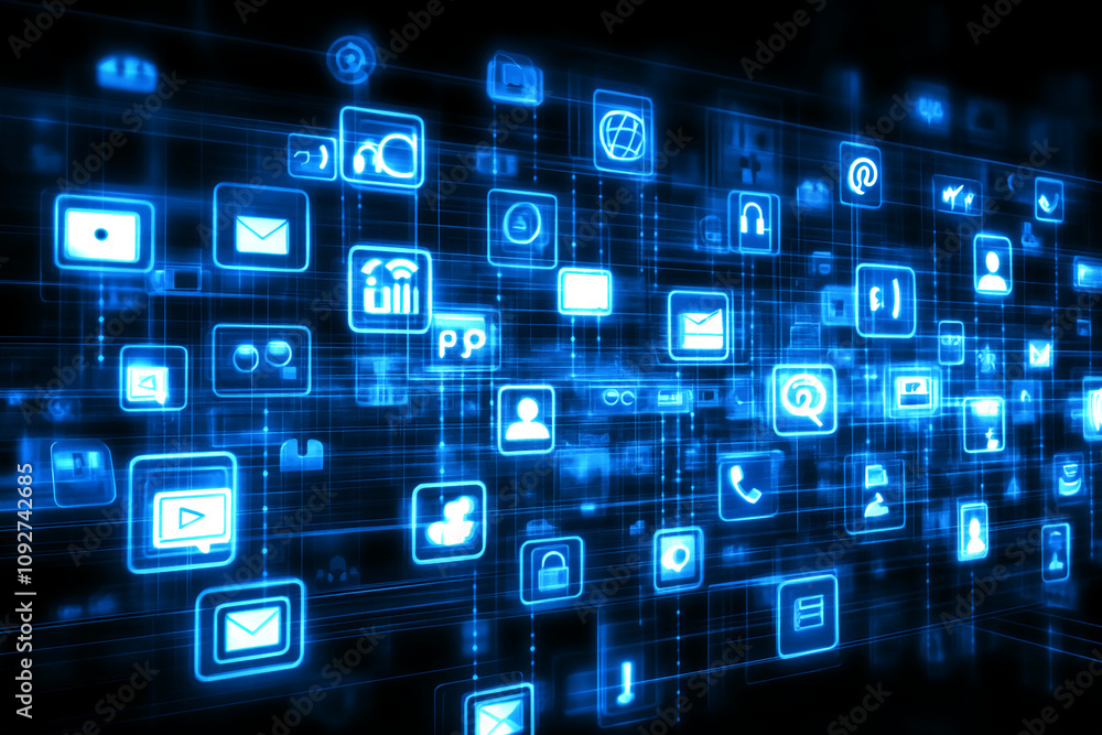 Digital communication network displays various icons representing ...