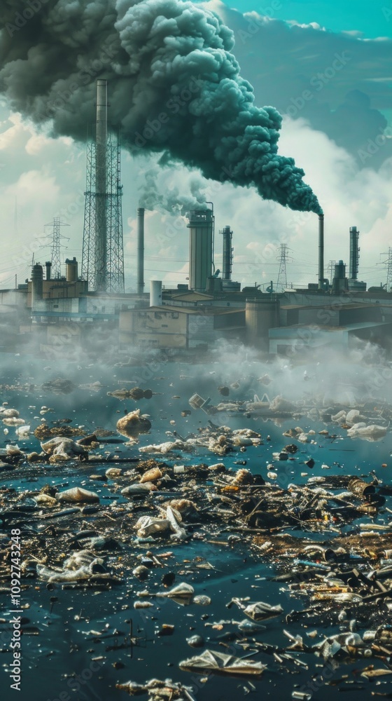 Industrial scene with pollution: water filled with trash, smokestacks ...