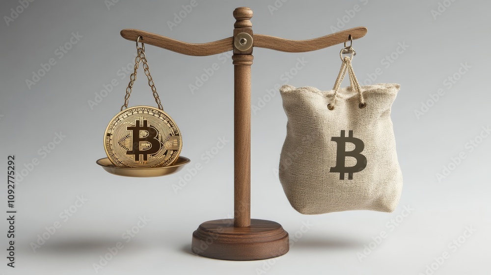 Balance scale, Bitcoin on one side, money bag on the other side ...