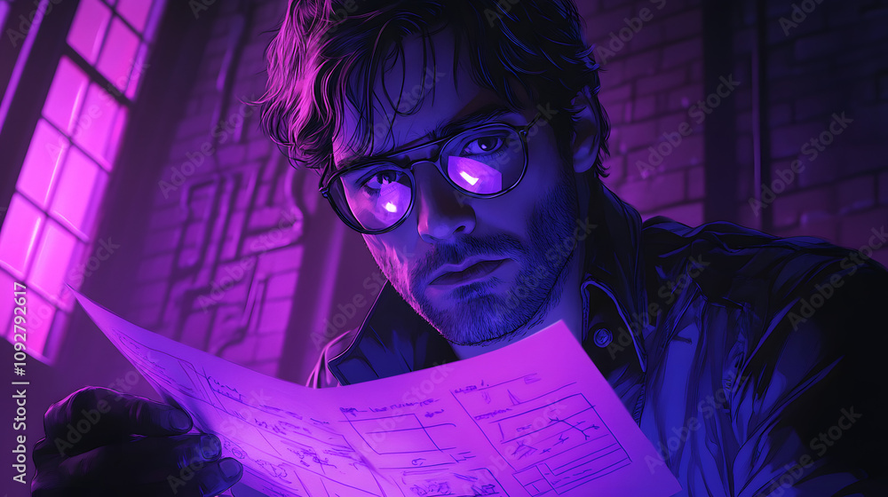 A Cunning Spy Analyzing a Detailed Paper Diagram in an Intriguing Comic ...