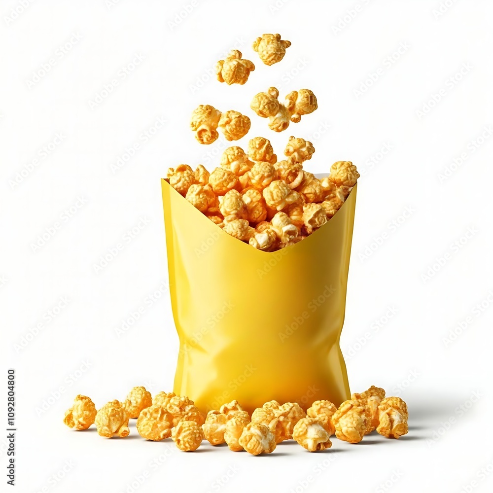 Yellow snack package mockup opens with sweet popcorns and caramel ...