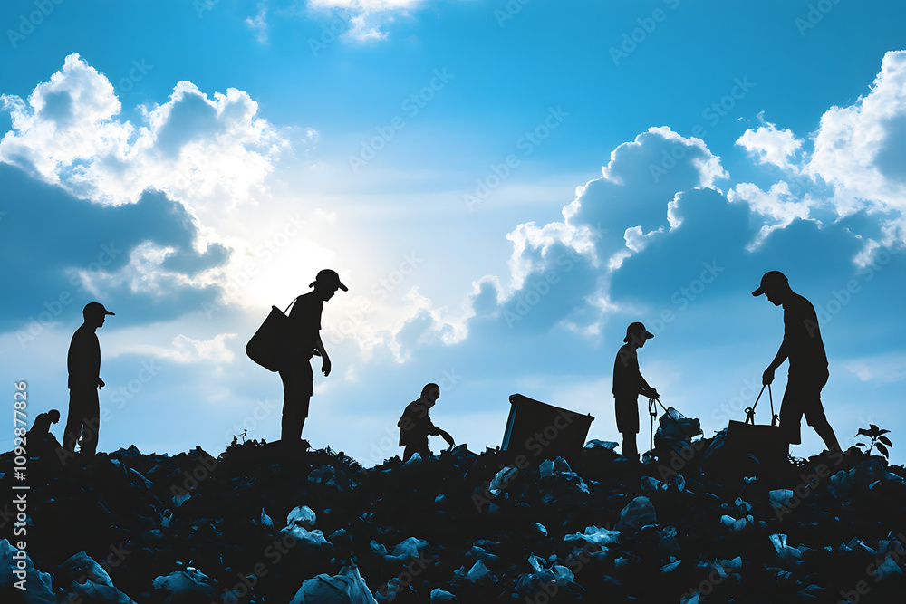 Silhouettes of people cleaning a landfill environmental awareness waste ...