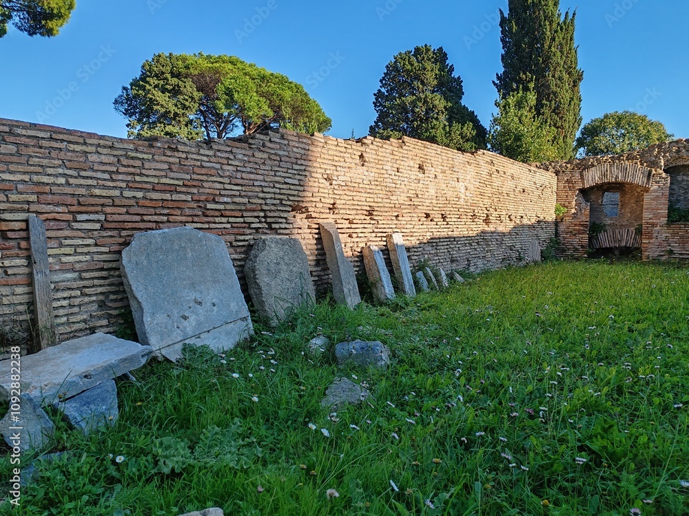 Ostia Antica, Rome, Italy - November 3, 2024. Remains of buildings from ...