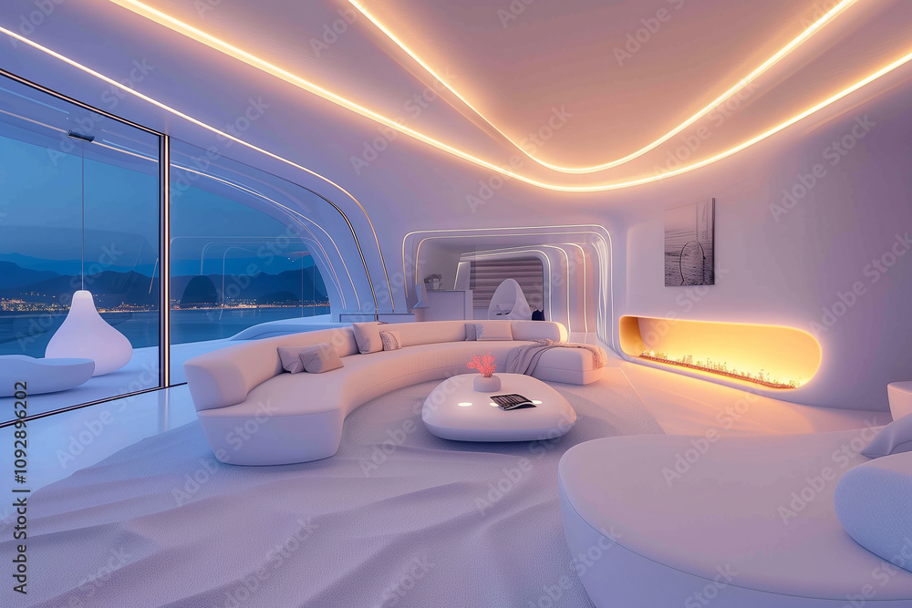 Futuristic living room with curved white furniture, LED lighting strips ...