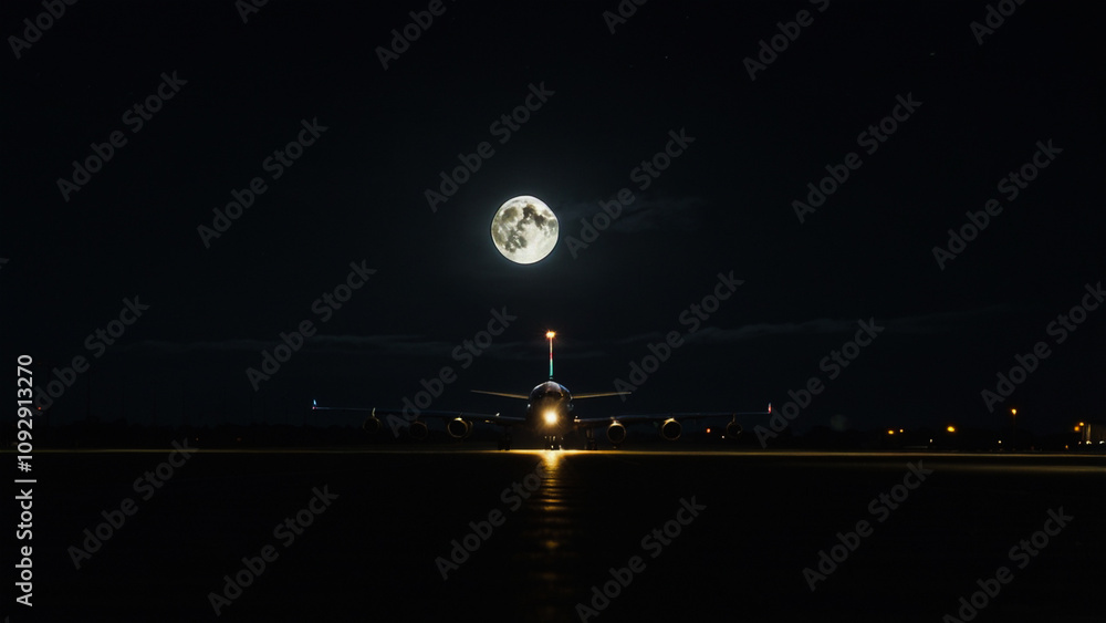 Flight in the Silvery Sky. The plane flies over the illuminated runway ...