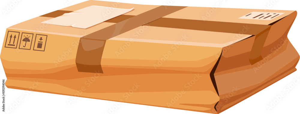 Cartoon damaged box, crumpled post parcel. Broken parcel delivery ...