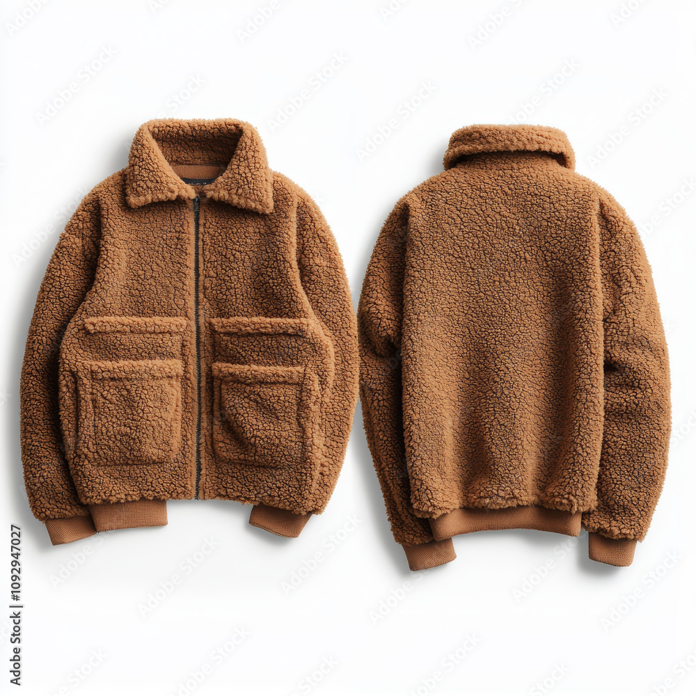 front and back brown sherpa jacket mockup, sherpa half zip, winter ...