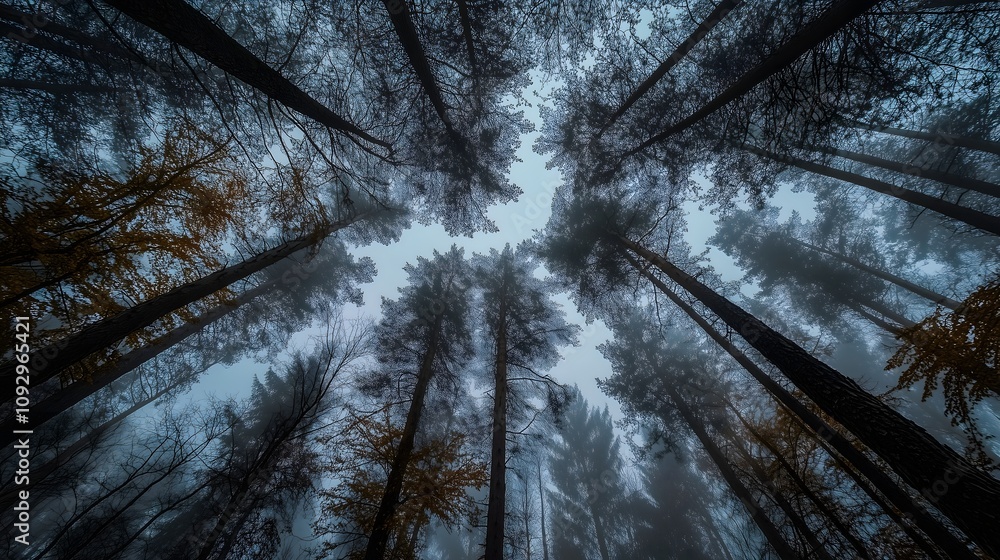Dramatic upward view of towering redwood trees converging toward misty ...