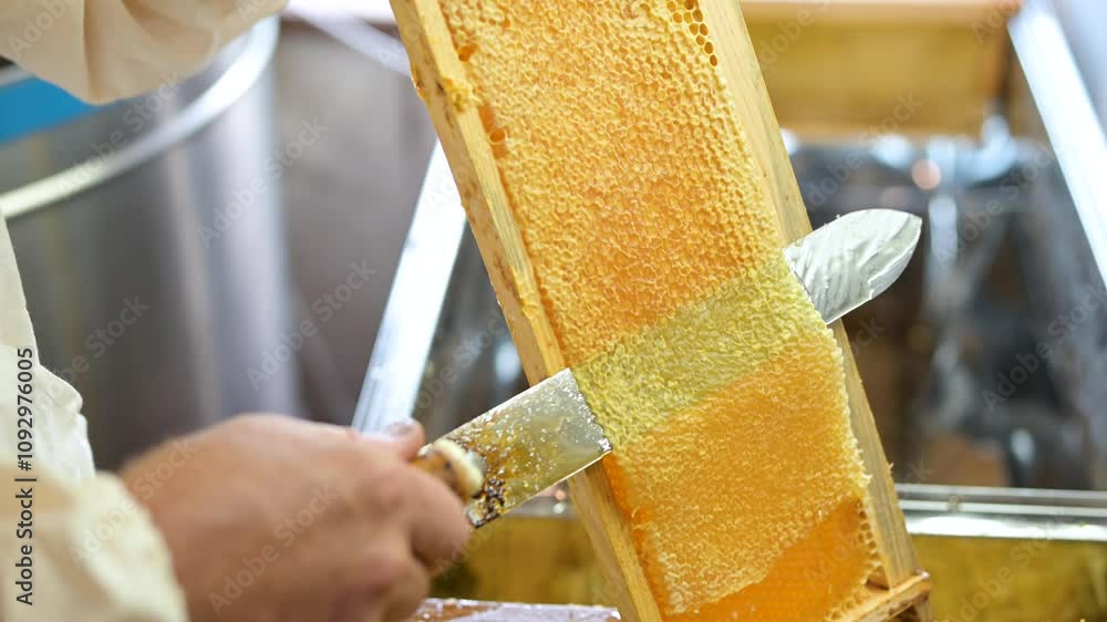 Uncapping honey frames with electric knife opener. Harvest of honey on ...