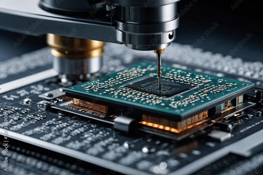 Close-up of silicon die being removed from wafer and attached to substrate using digital device ...