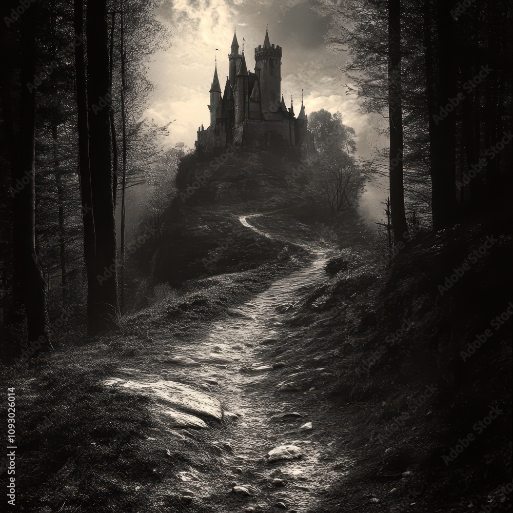 A mysterious castle looms atop a hill, surrounded by dark woods and a ...