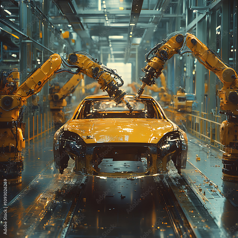 Robotic arms painting car bodies in automotive production facility ...
