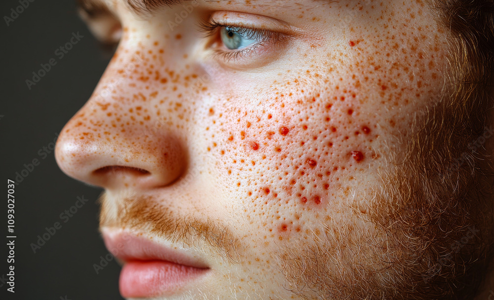A man with a beard and red spots on his face. The spots are red and ...